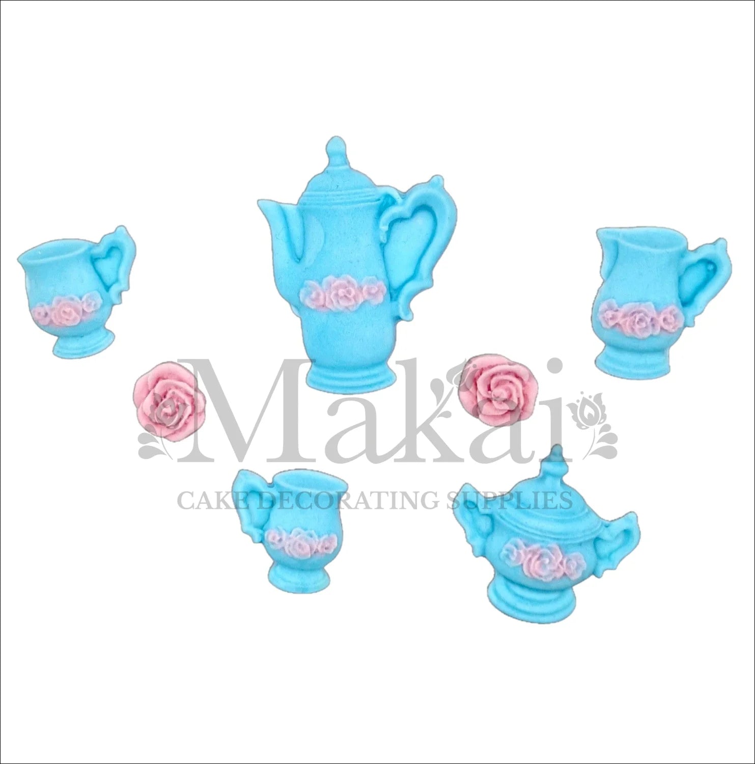 Vintage Blue Tea Set Cake Topper with Roses – Edible Decoration | Makai Cake Decorating Supplies